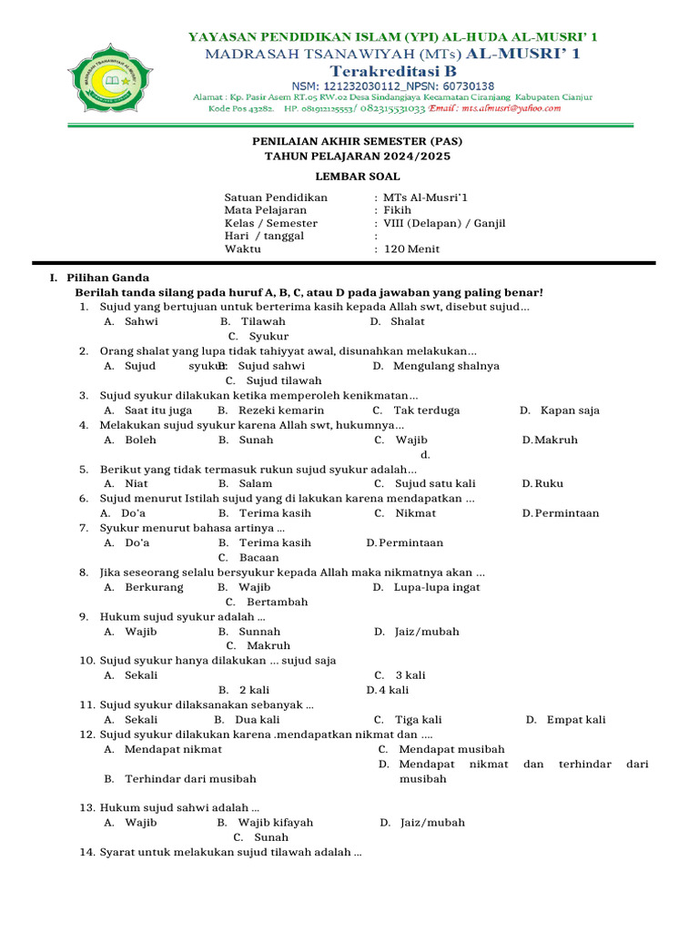 Soal Pas Fikih KLS 8 K13 | PDF