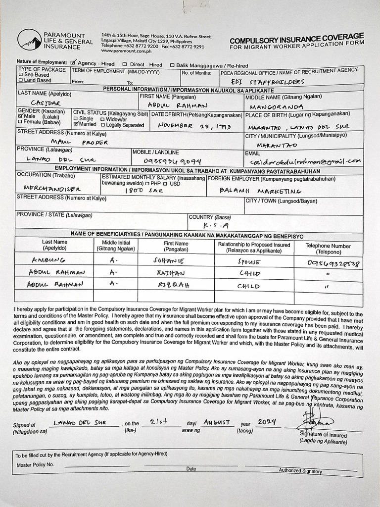 Insurance Form-Casidar, Abdul Rahman | PDF