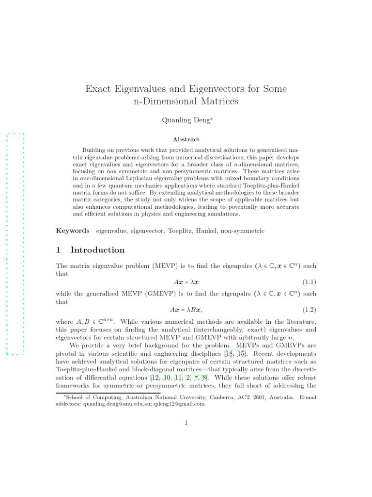 Exact Eigenvalues and Eigenvectors For Some N-Dimensional Matrices | PDF | Eigenvalues And ...