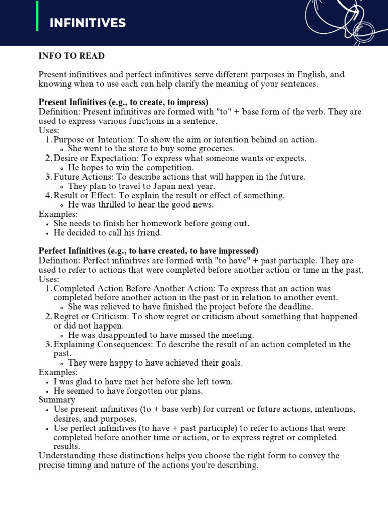 infinitives | PDF | Perfect (Grammar) | Verb
