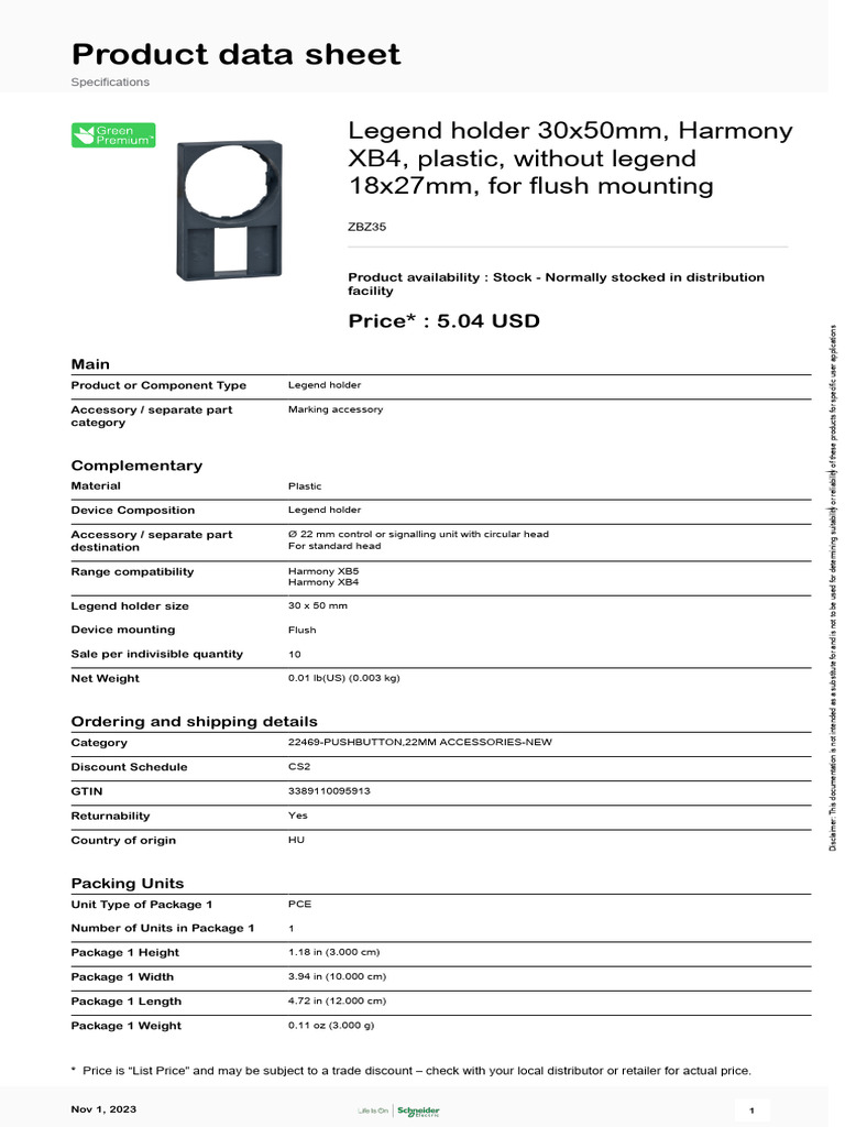 Harmony XB4 - ZB4 Metal Push Buttons - ZBZ35 | PDF | Materials