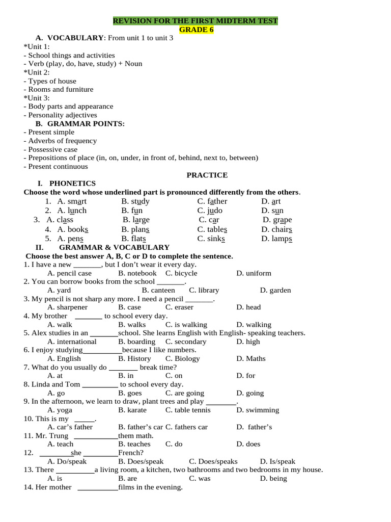 De Cuong On Tap Giua HK1 Anh 6 Global | PDF | English Language | Adverb