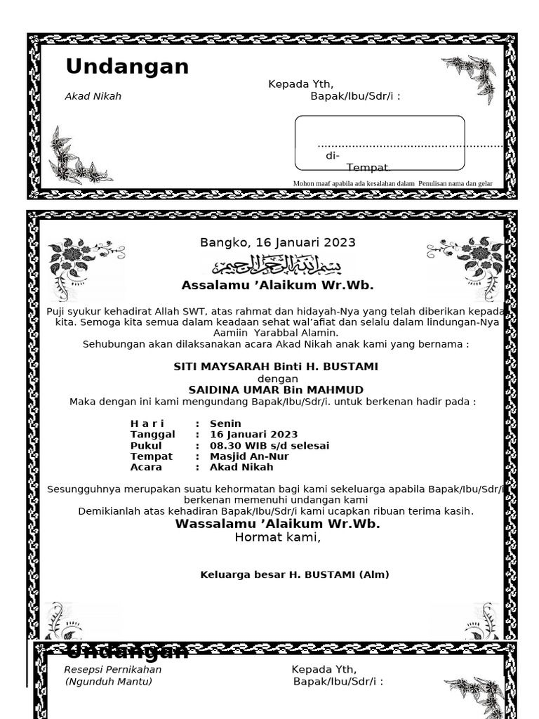 Undangan Akad dan Resepsi Pernikahan | PDF