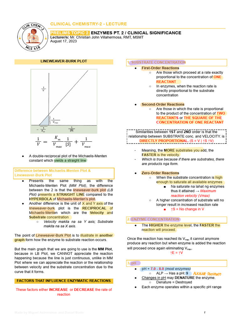 (CC-2-LEC) 2. Enzymes, Pt. 2 and Clin. Significance | PDF | Enzyme ...
