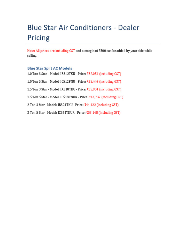 Blue Star AC Product Details | PDF