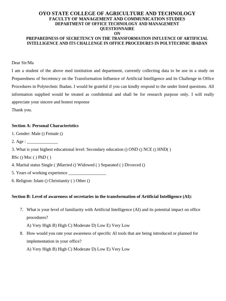 Odunola Questionnaire | PDF | Artificial Intelligence | Intelligence ...