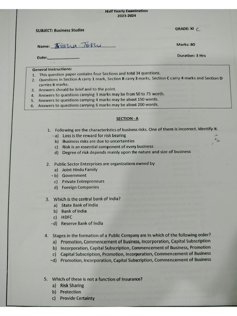 BST Half Yearly Exam | PDF