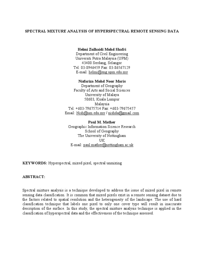 Spectral Mixture Analysis of Hyperspectral Remote Sensing Data | PDF | Image Resolution | Remote ...