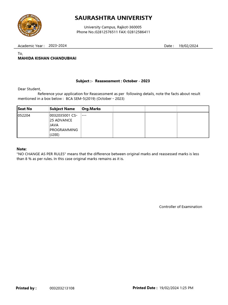Reassessment Results for BCA SEM-5 | PDF