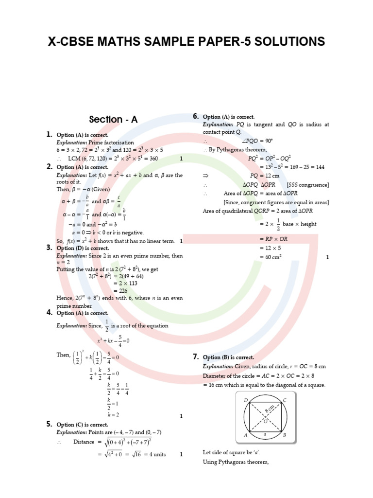 CBSE Maths Sample Paper 5 Solutions | PDF | Classical Geometry | Elementary Geometry