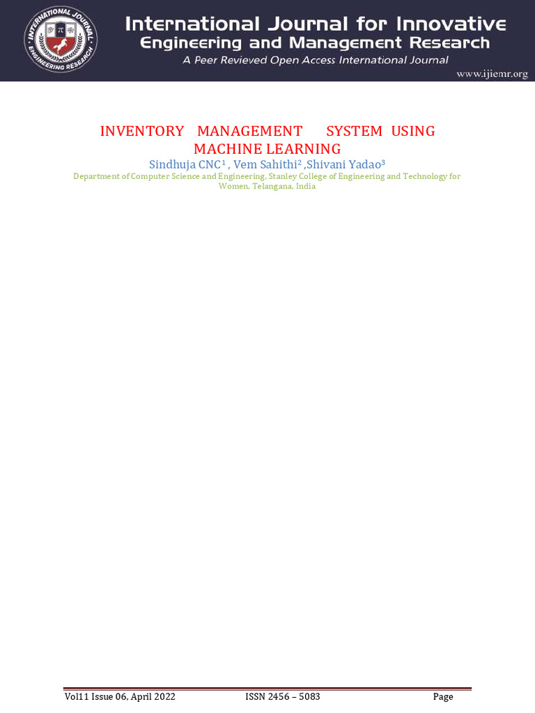 Inventory Management System Using Machine Learning: Sindhuja CNC, Vem Sahithi, Shivani Yadao ...