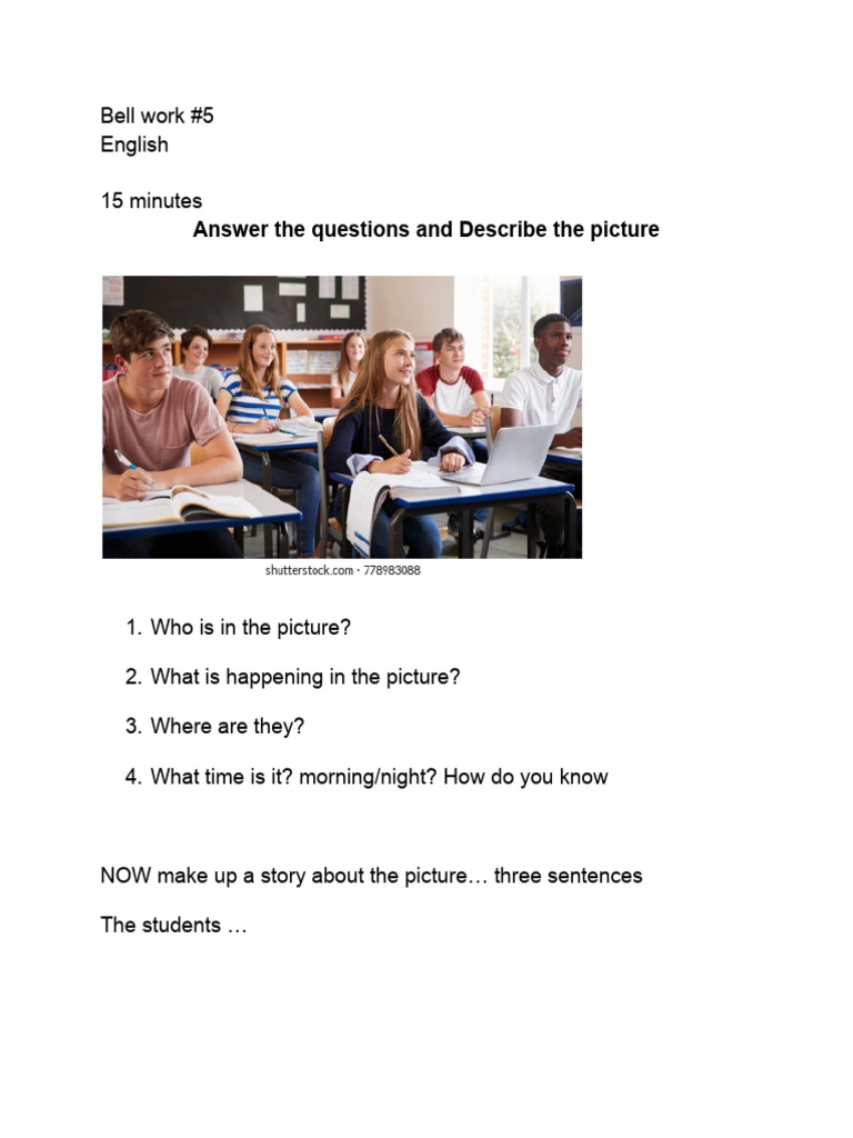 Answer The Questions and Describe The Picture: Bell Work #5 English 15 ...
