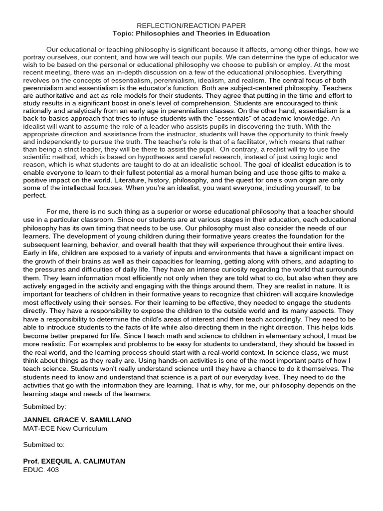 Reflection Reaction Paper Final | PDF | Philosophy Of Education | Learning