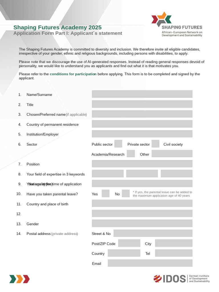 2025 Shaping Futures Academy Application Form Part I Applicants ...