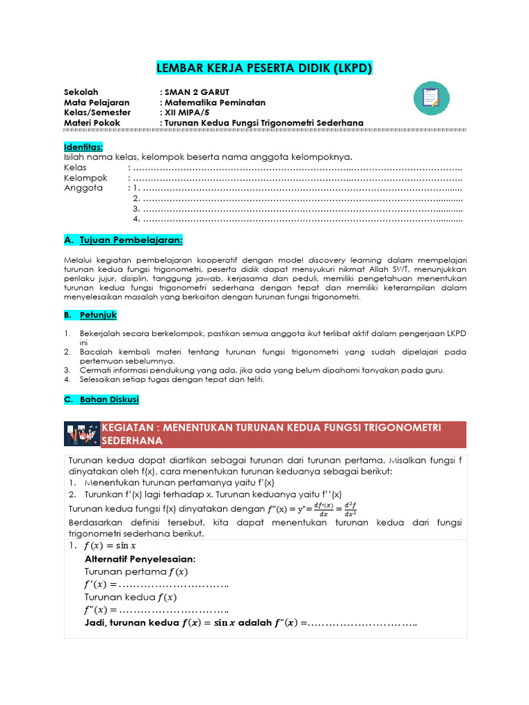 LKPD Turunan Kedua Fungsi Trigonometri Part 2 | PDF