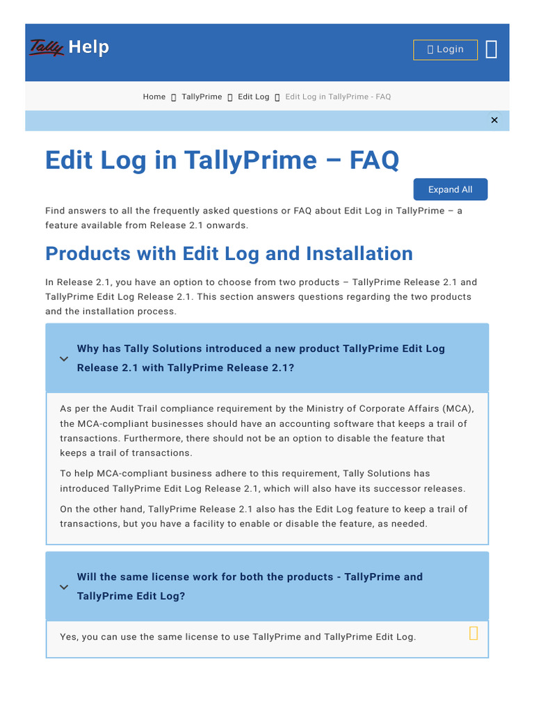 TallyPrime Edit Log FAQ Guide | PDF | Backup | Voucher