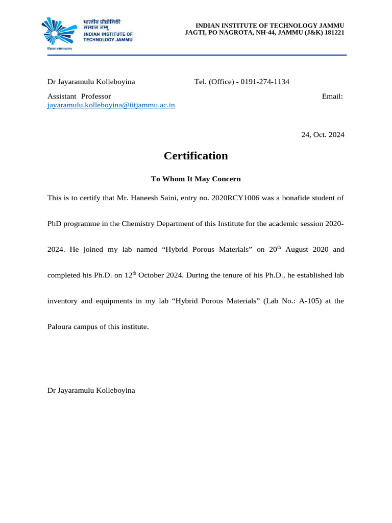 Lab Experience Certificate for Haneesh Saini | PDF | Technology ...