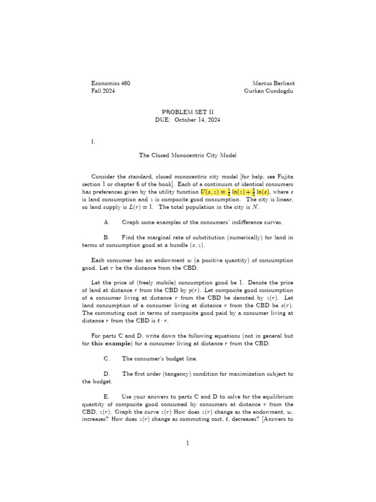 460 Problem Set II | PDF | Economic Equilibrium | Utility