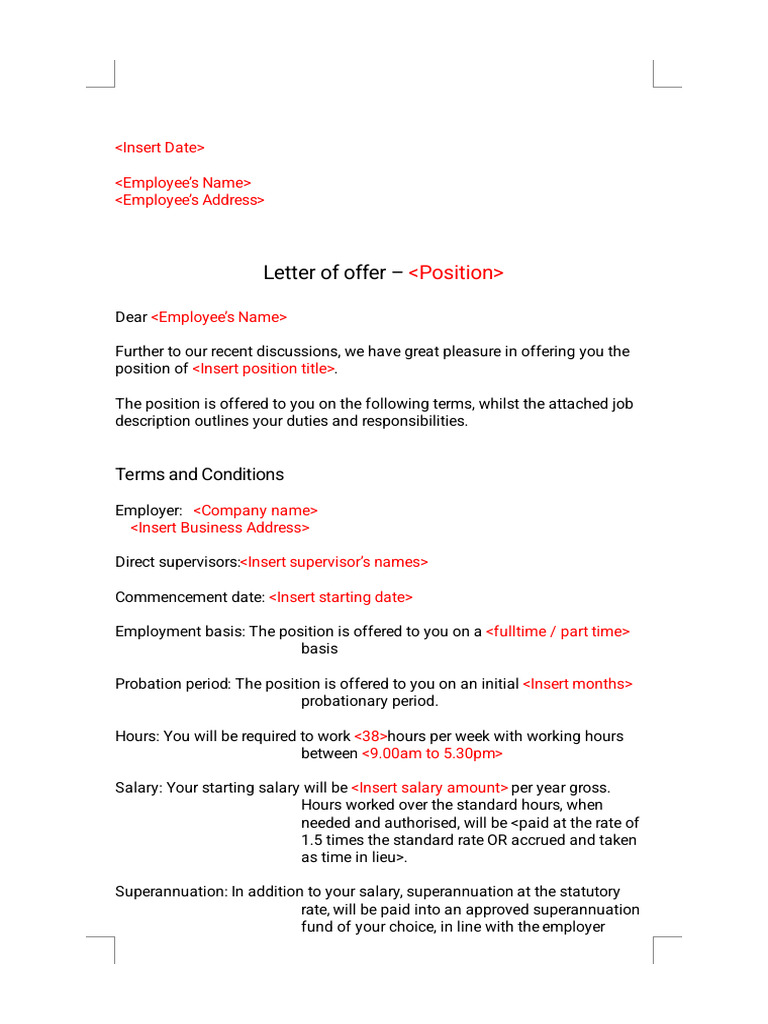 Letter of Offer Template Full Part Time | PDF | Salary | Employment