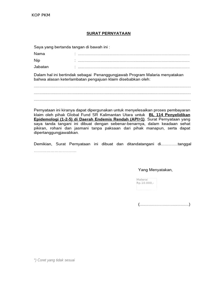Surat Pernyataan Telat Mengajukan Klaim | PDF