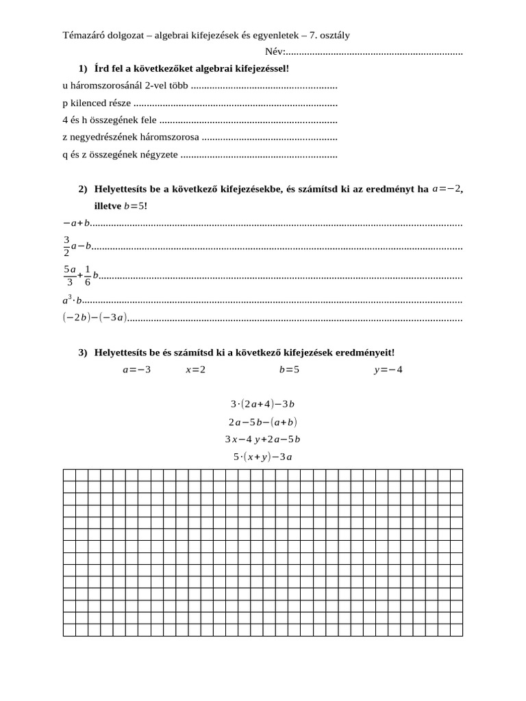 Témazáró - 7. Osztály - Egyenletek | PDF