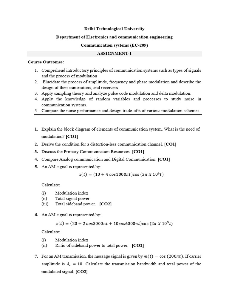 Assignment 1 - Communication Systems | PDF | Frequency Modulation | Modulation