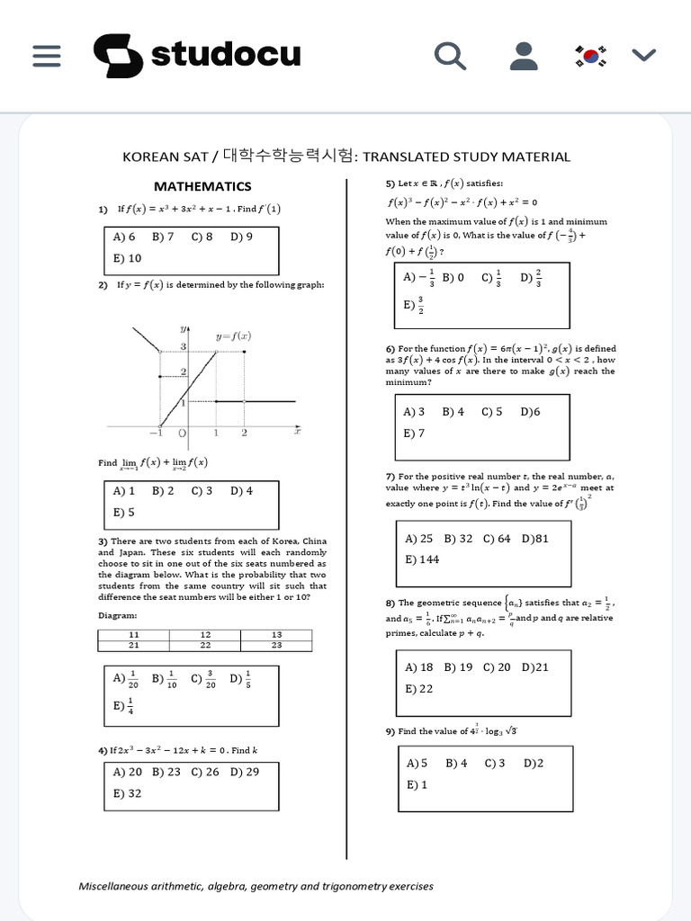 Suneung Math Exam Questions PDF | PDF | Mathematics | Mathematical Concepts