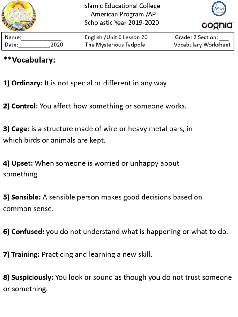 Mysterious Tadpole Vocabulary Worksheet | PDF | Language Arts ...