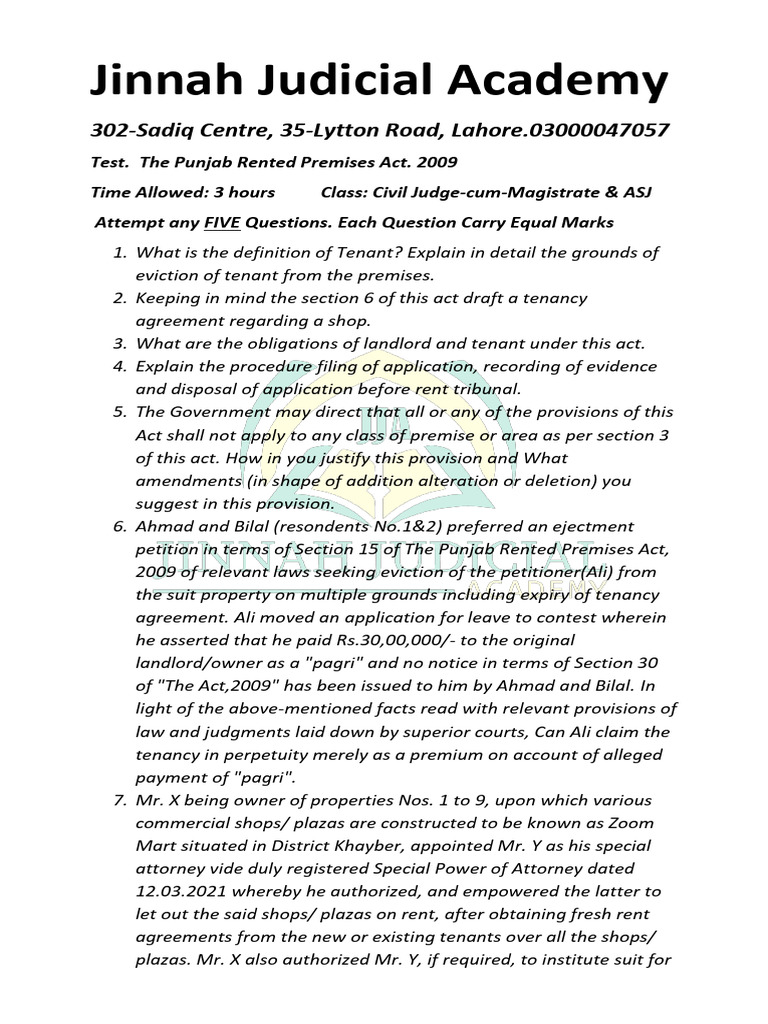 Test Rent Premises Act 2009. Jl24 | PDF | Leasehold Estate | Eviction