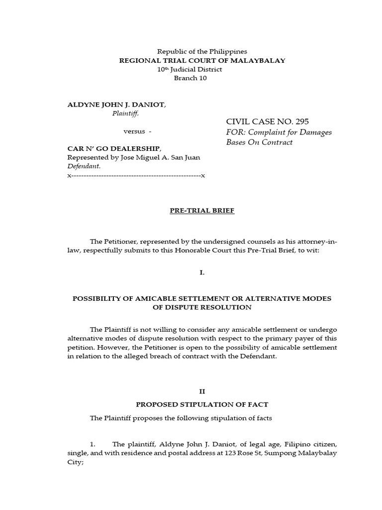 Pre Trial Brief Plaintiff | PDF | Lawsuit | Judiciaries