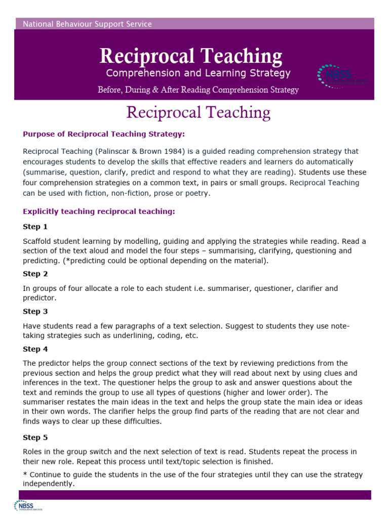 Reciprocal Teaching Handout | PDF | Reading Comprehension | Learning To ...