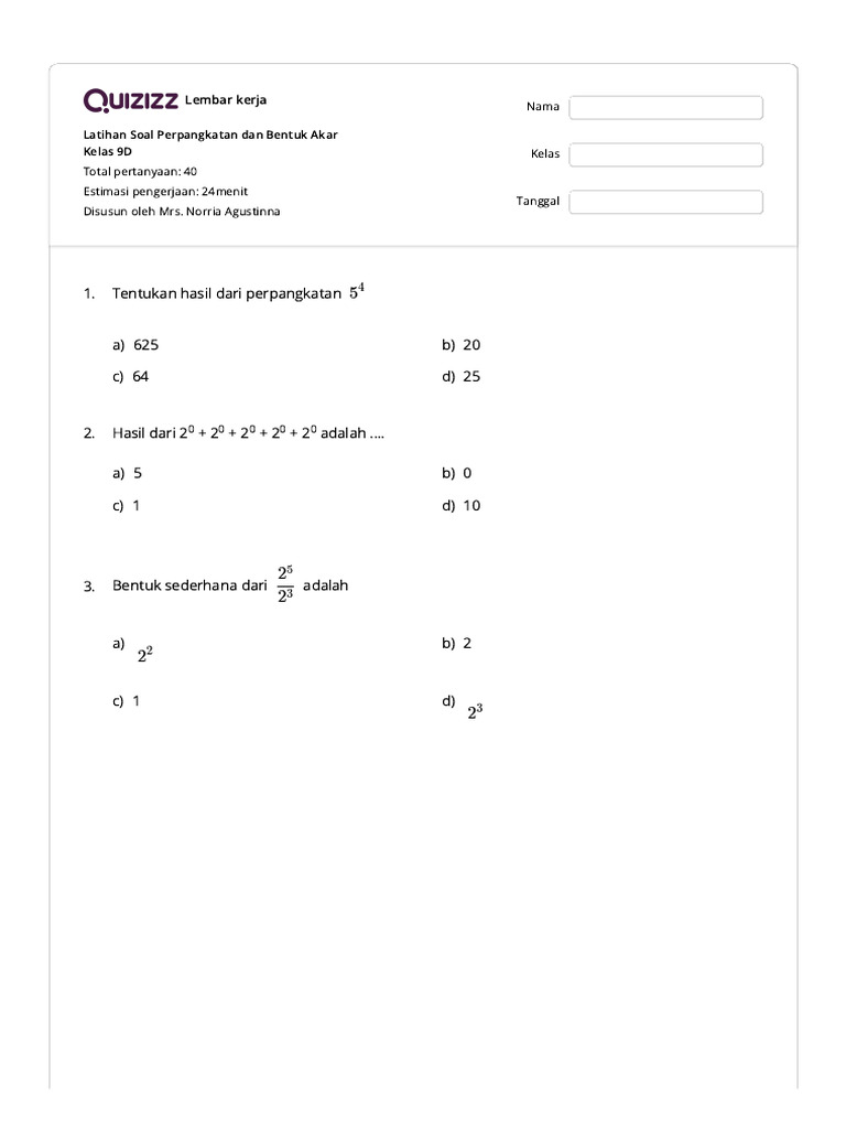 Latihan Soal Perpangkatan Dan Bentuk Akar Kelas 9D - Quizizz | PDF