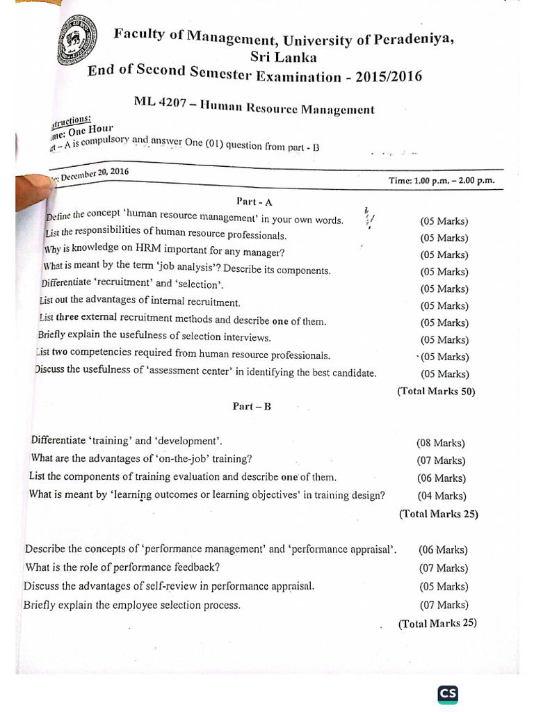 Human Resource Management Past Papers | PDF