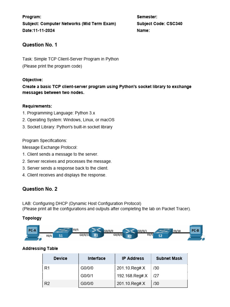 Mid Lab Exam Nov 2024 | PDF | Computer Network | Ip Address