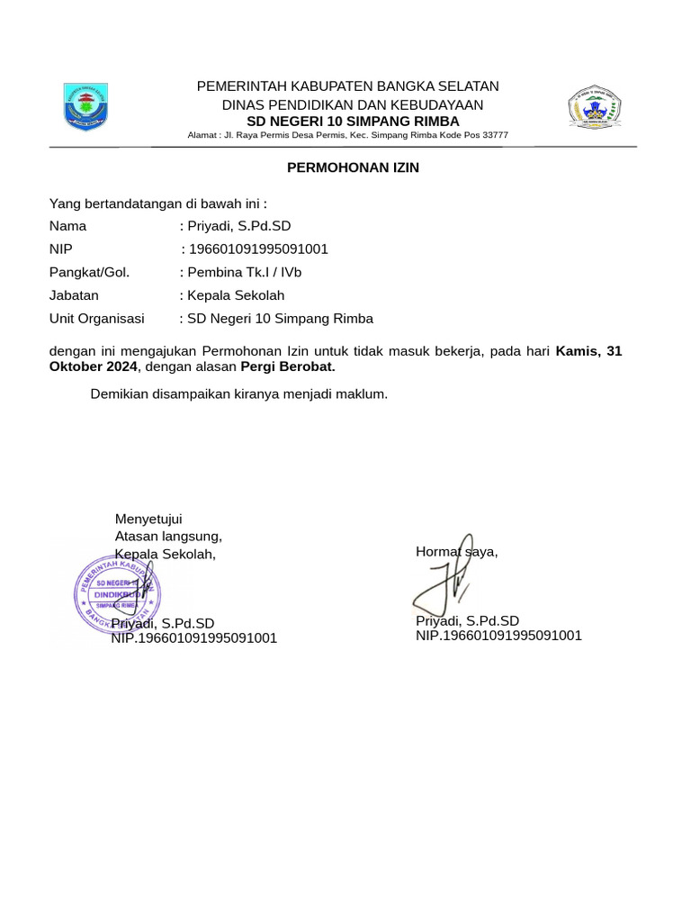 Surat Izin Pak Pri Berobat | PDF