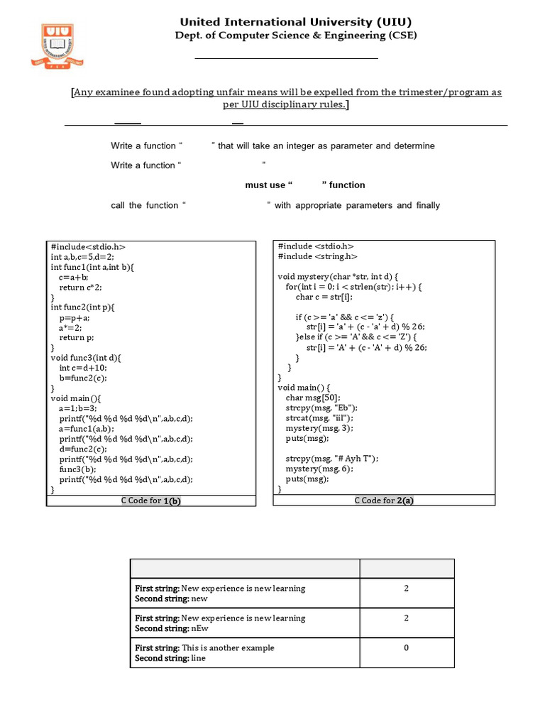 Final Exam Question 232 CSE1111 C Summer 23 | PDF | Integer (Computer Science) | Parameter ...