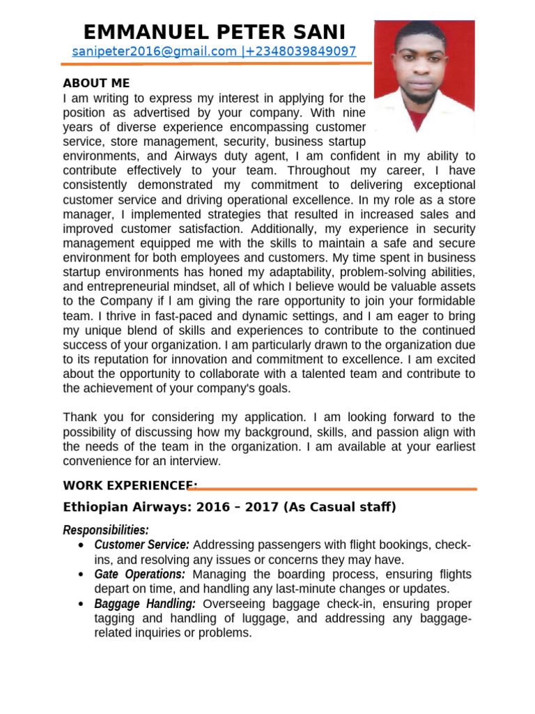 Emmanuel Peter Sani: About Me | PDF | Baggage | Startup Company