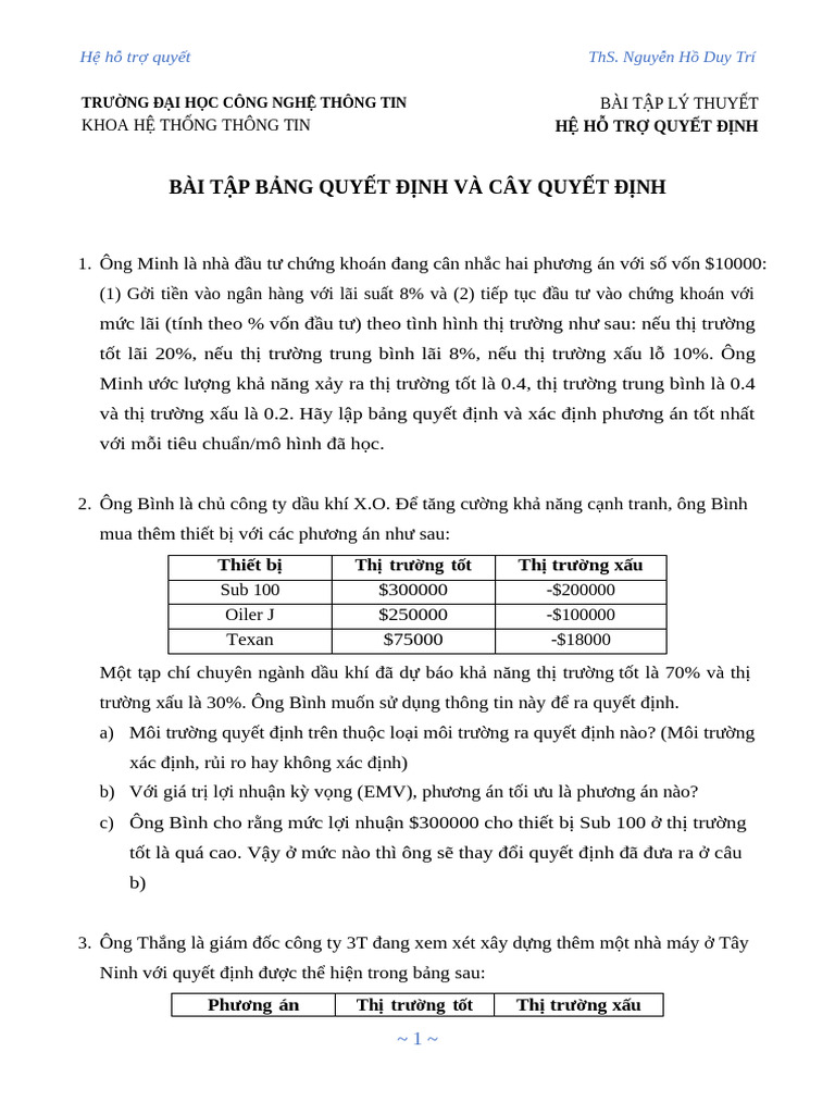 BT QL Mo Hinh - Bang Va Cay Quyet Dinh | PDF