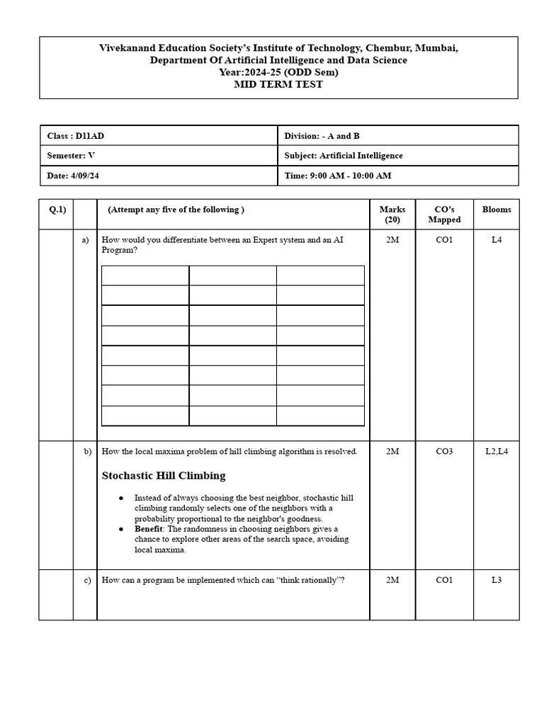 Solution MT QP AI 24-25 OddSem | PDF | Artificial Intelligence | Intelligence (AI) & Semantics