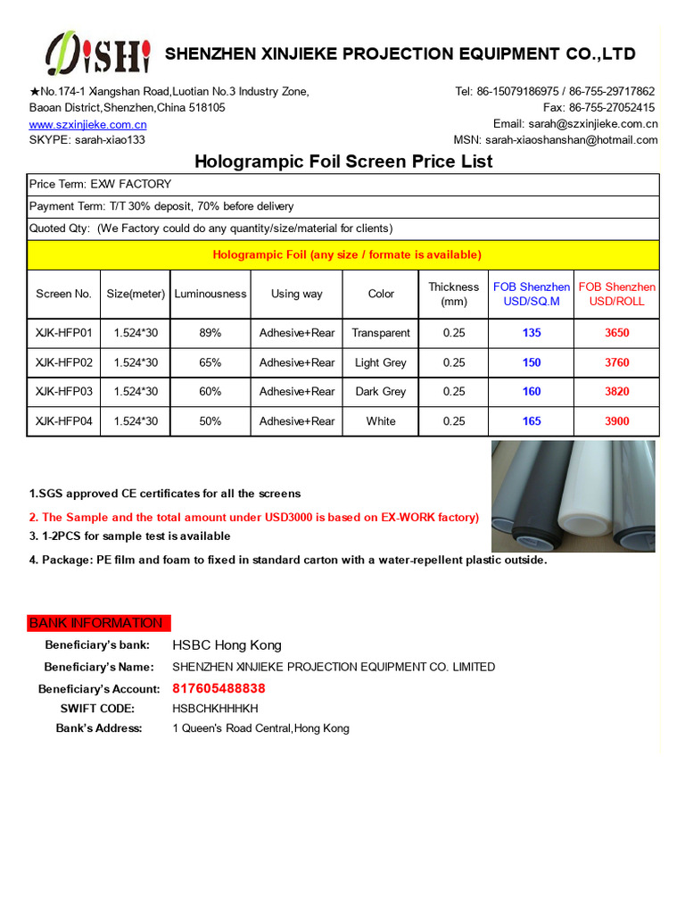 Holographic Screen Price List | PDF