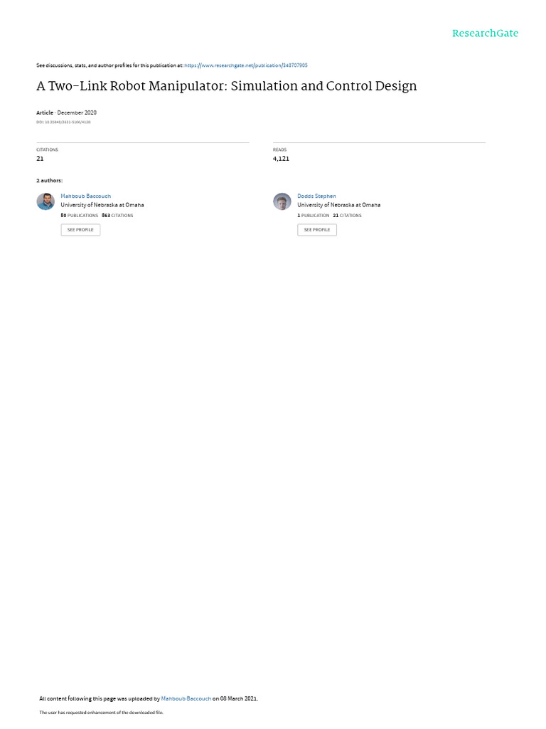 A Two-Link Robot Manipulator Simulation and Contro | PDF | Lagrangian ...