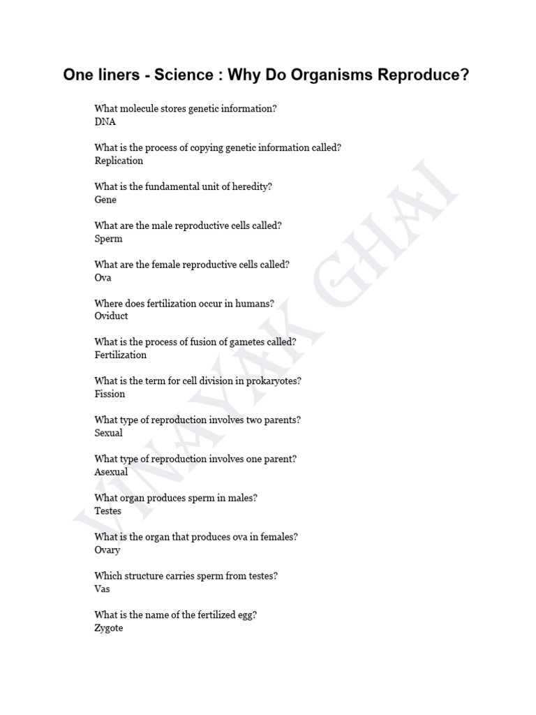 One Liners - Science Why Do Organisms Reproduce | PDF | Sexual ...