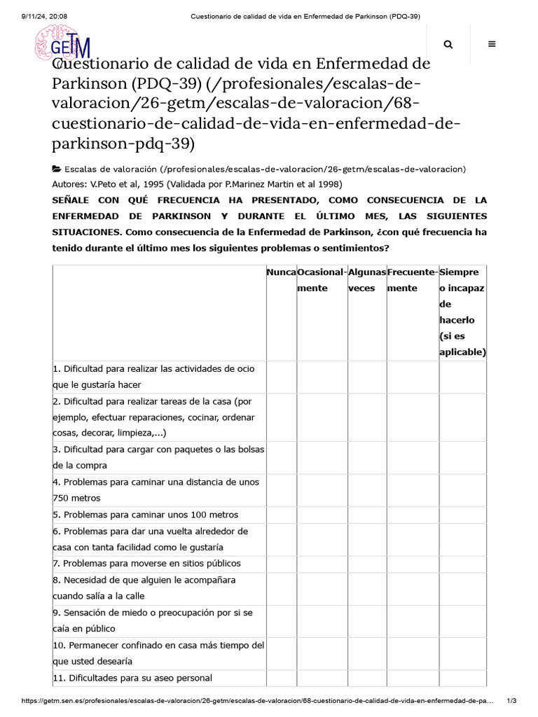 PDQ 39 Parkinson | PDF