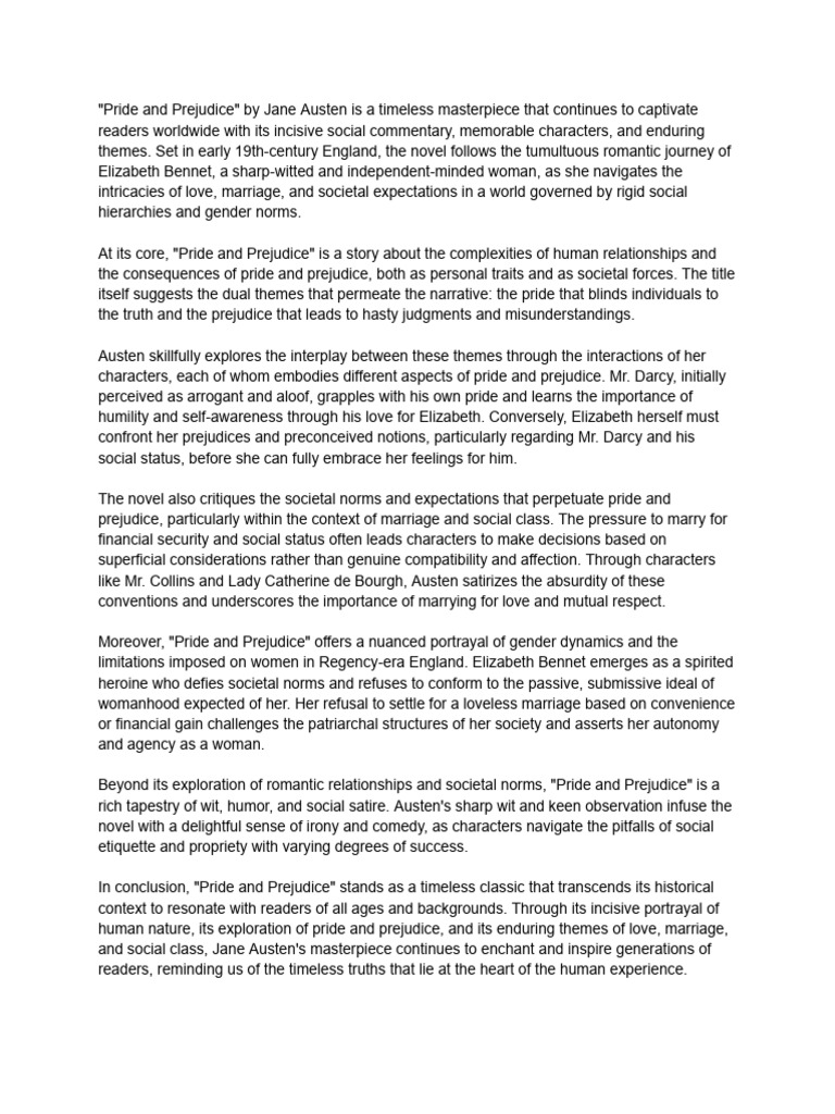 Pride and Prejudice Essay | PDF | Pride And Prejudice | Elizabeth Bennet