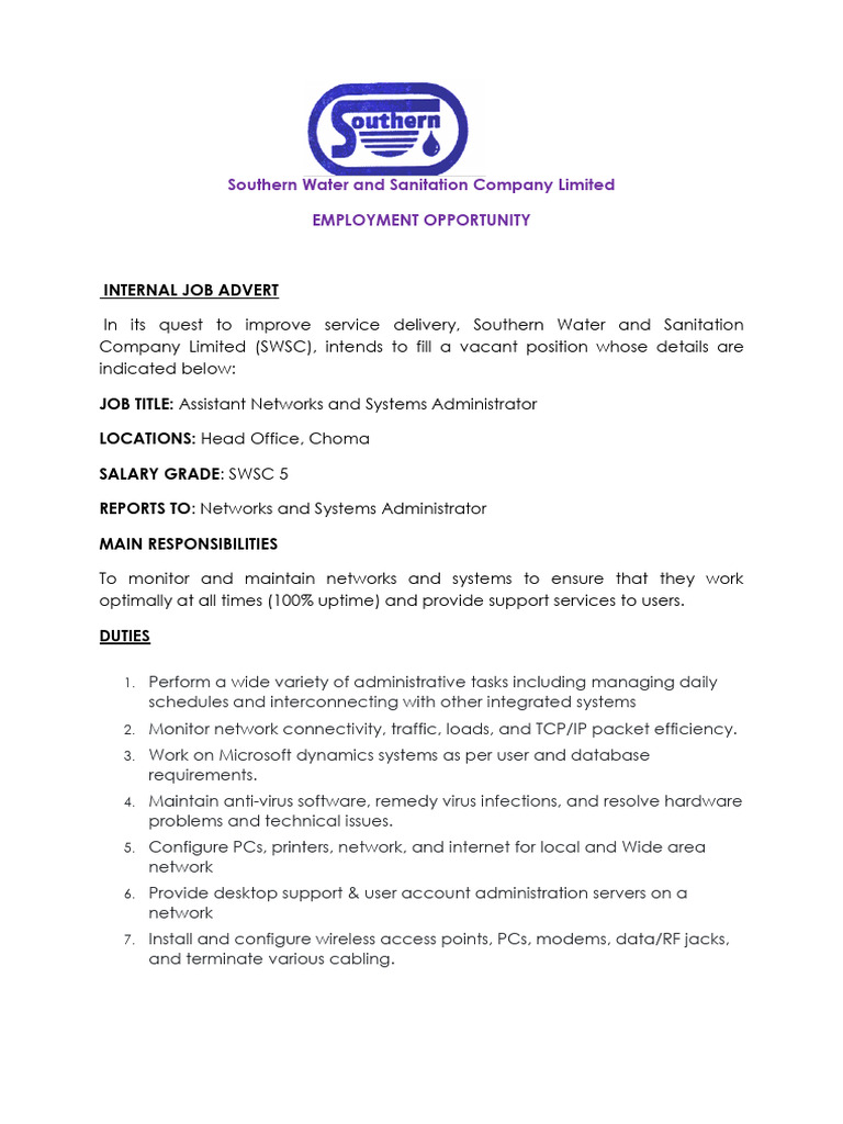 Job Advert - Assitant Networks and Systems Administrator PDF | PDF ...