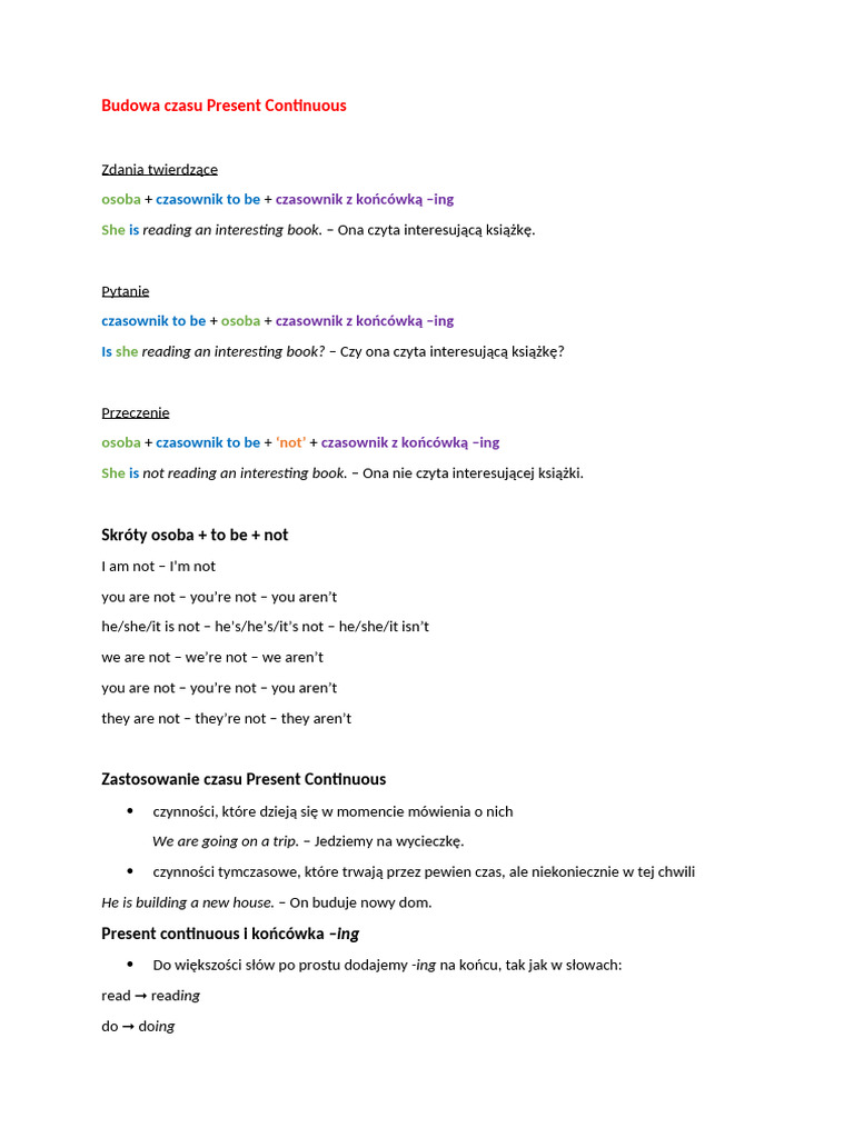 Present Continuous - Budowa I Użycie | PDF