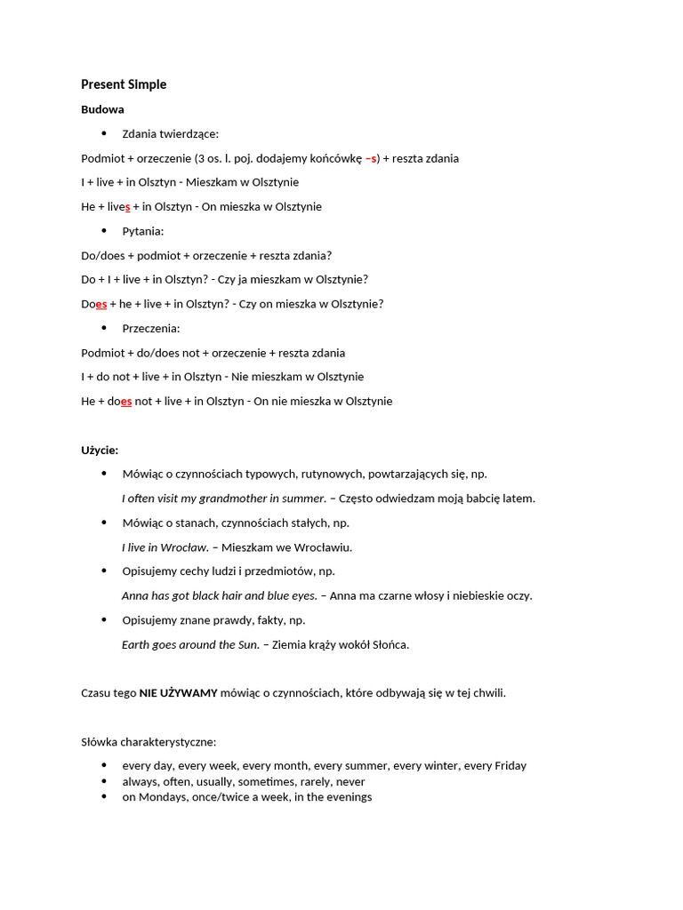 Present Simple - Budowa I Użycie | PDF