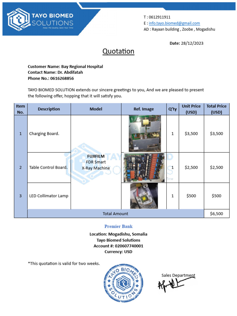 Bay Regional Hospital Spare Parts Quotation | PDF