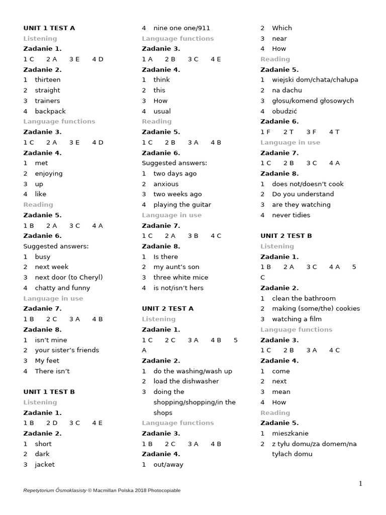 Macmillan Repetytorium Unit Tests Answers | PDF