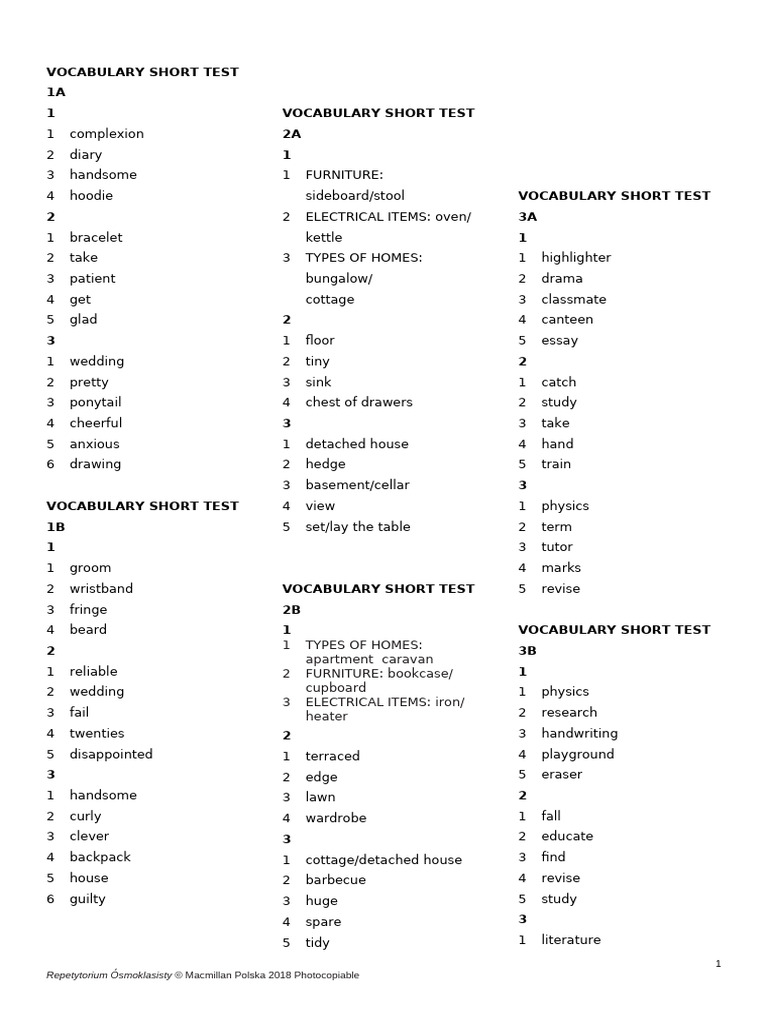 Answer Key - Vocabulary - Short - Tests | PDF